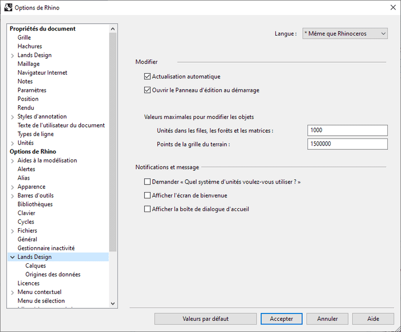 Options | Lands Design help